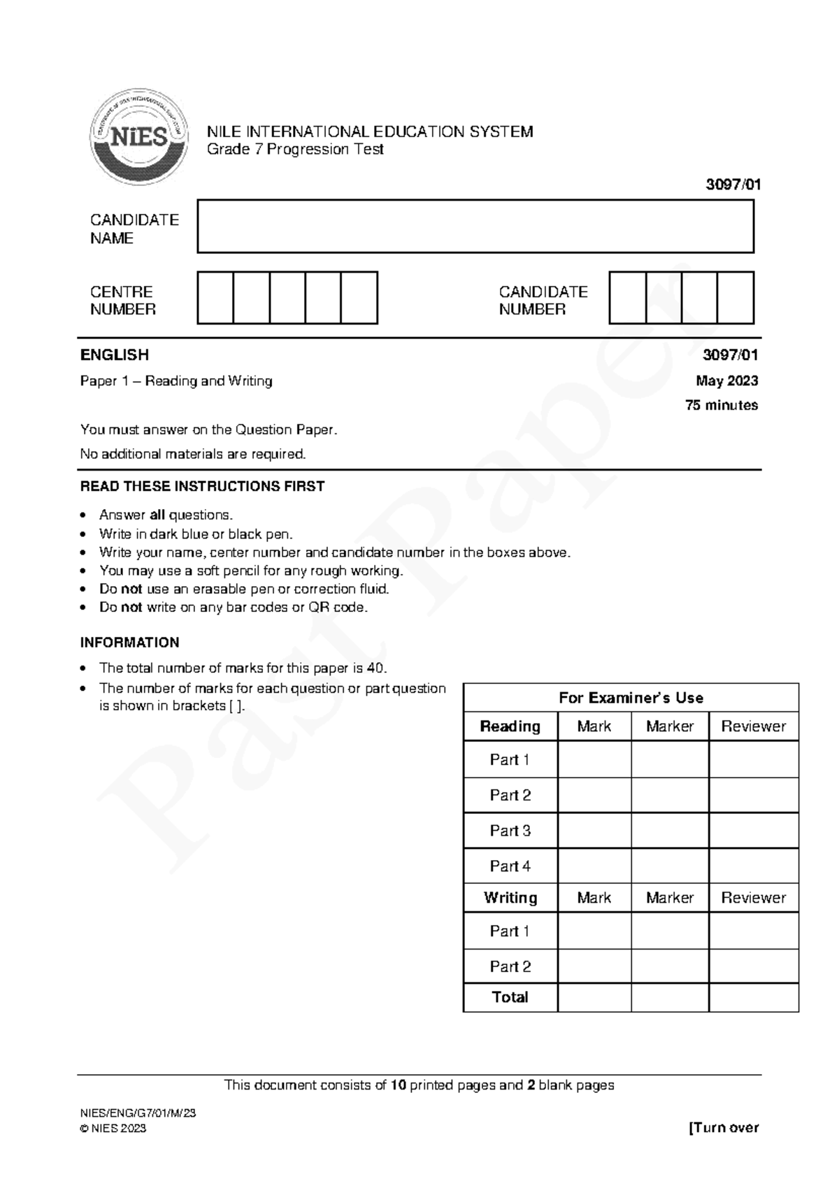 NIES/ENG/G7/01/M/ Grade 7 Reading & Writing Progression Test 2023 - Studocu