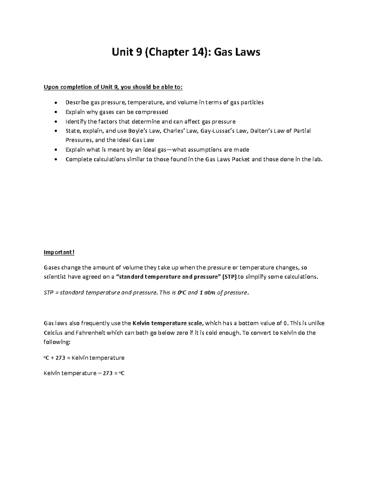 Gas law packet - Unit 9 (Chapter 14): Gas Laws Upon completion of Unit ...