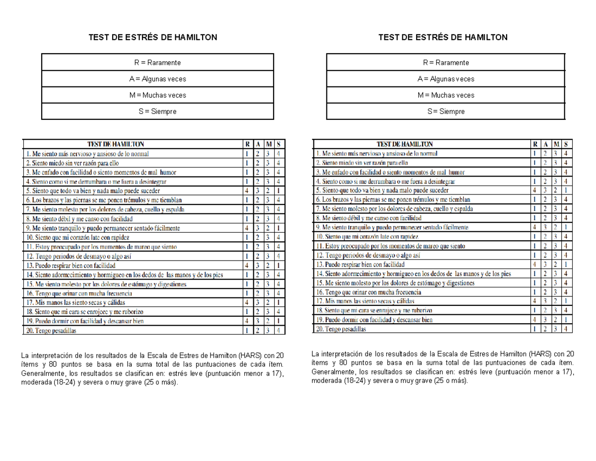TEST DE Estrés DE Hamilton - TEST DE ESTRÉS DE HAMILTON R = Raramente A ...