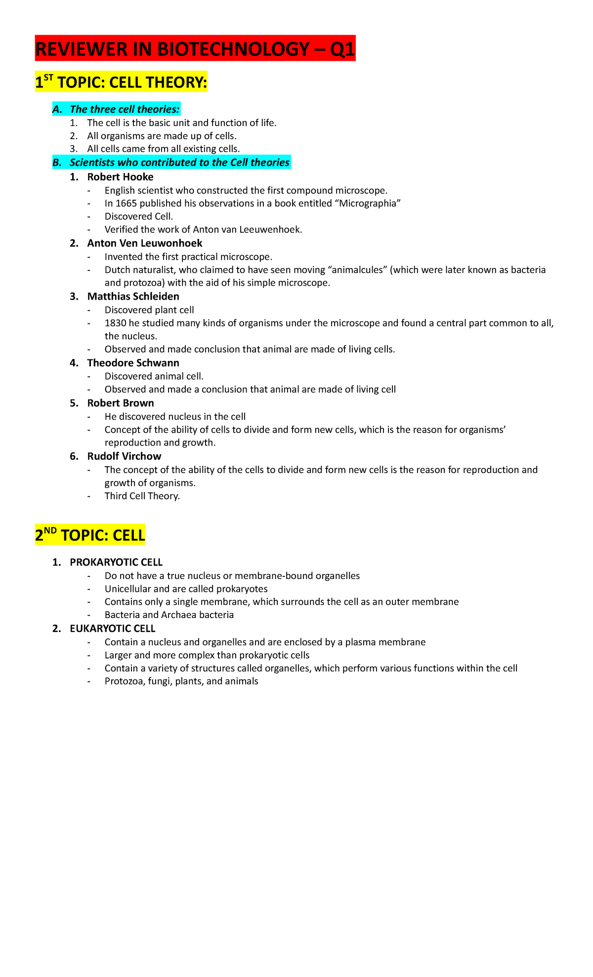 Biotechnology 8 - REVIEWER IN BIOTECHNOLOGY – Q 1 ST TOPIC: CELL THEORY ...