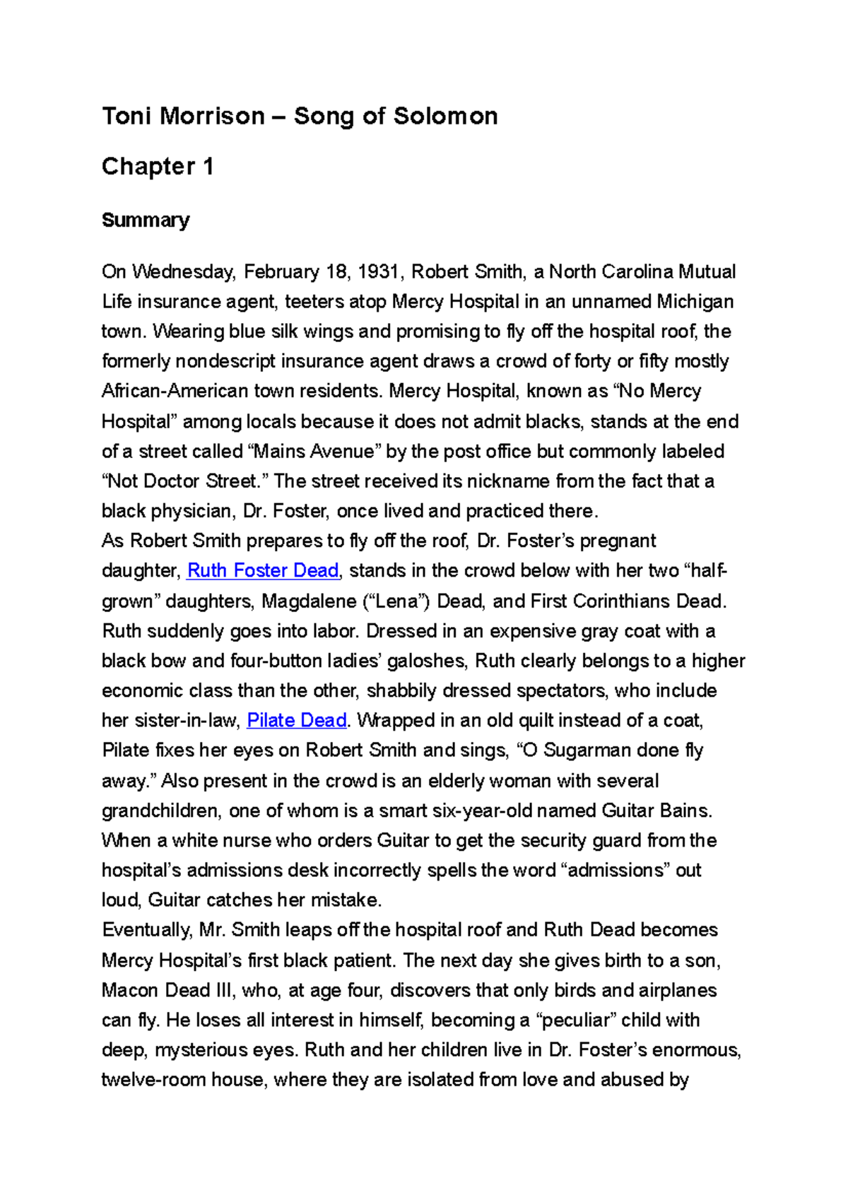 Toni Morrison - Song of Solomon - Summary and analysis chapter 1 - Toni ...