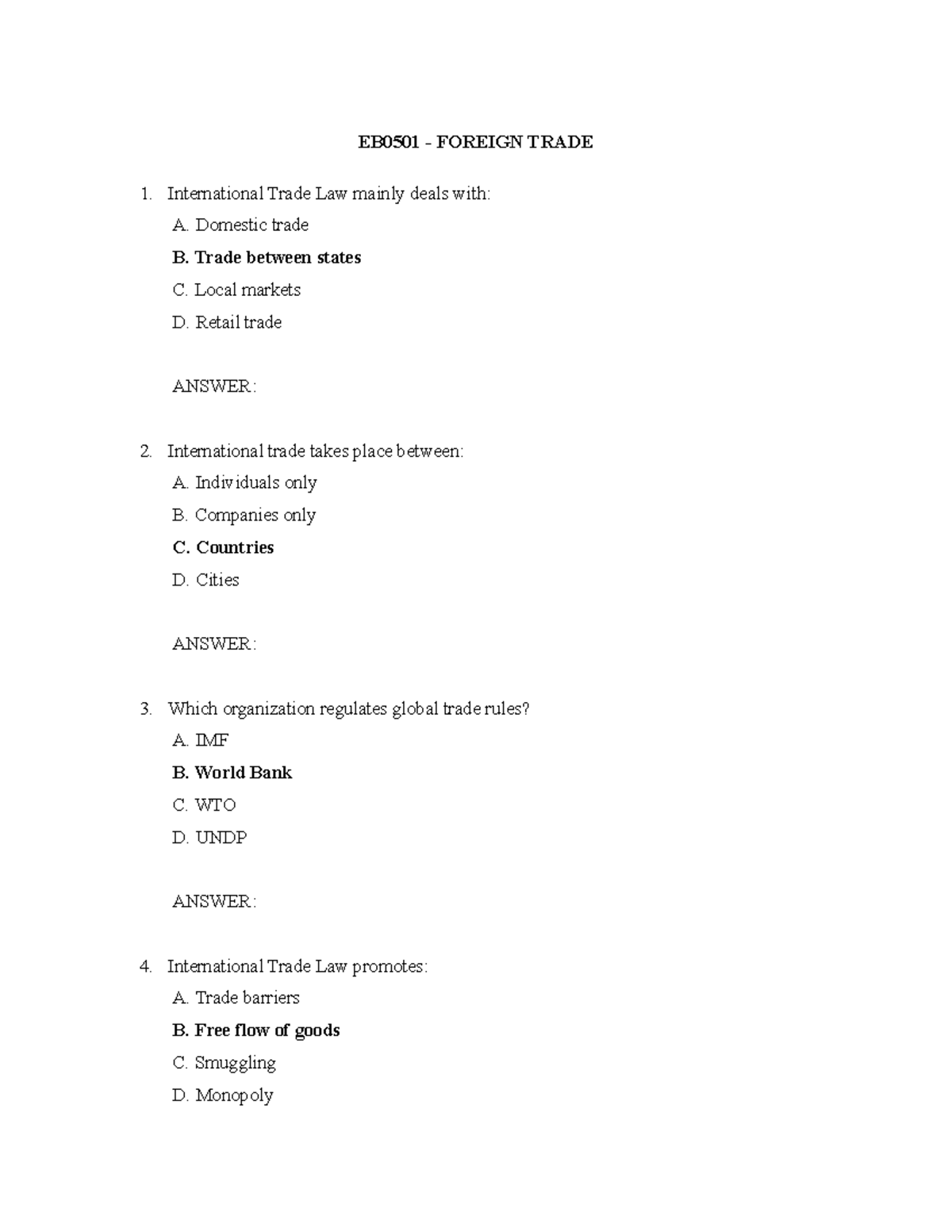 EB0501 FOREIGN TRADE: Key Questions on International Trade Law - Studocu