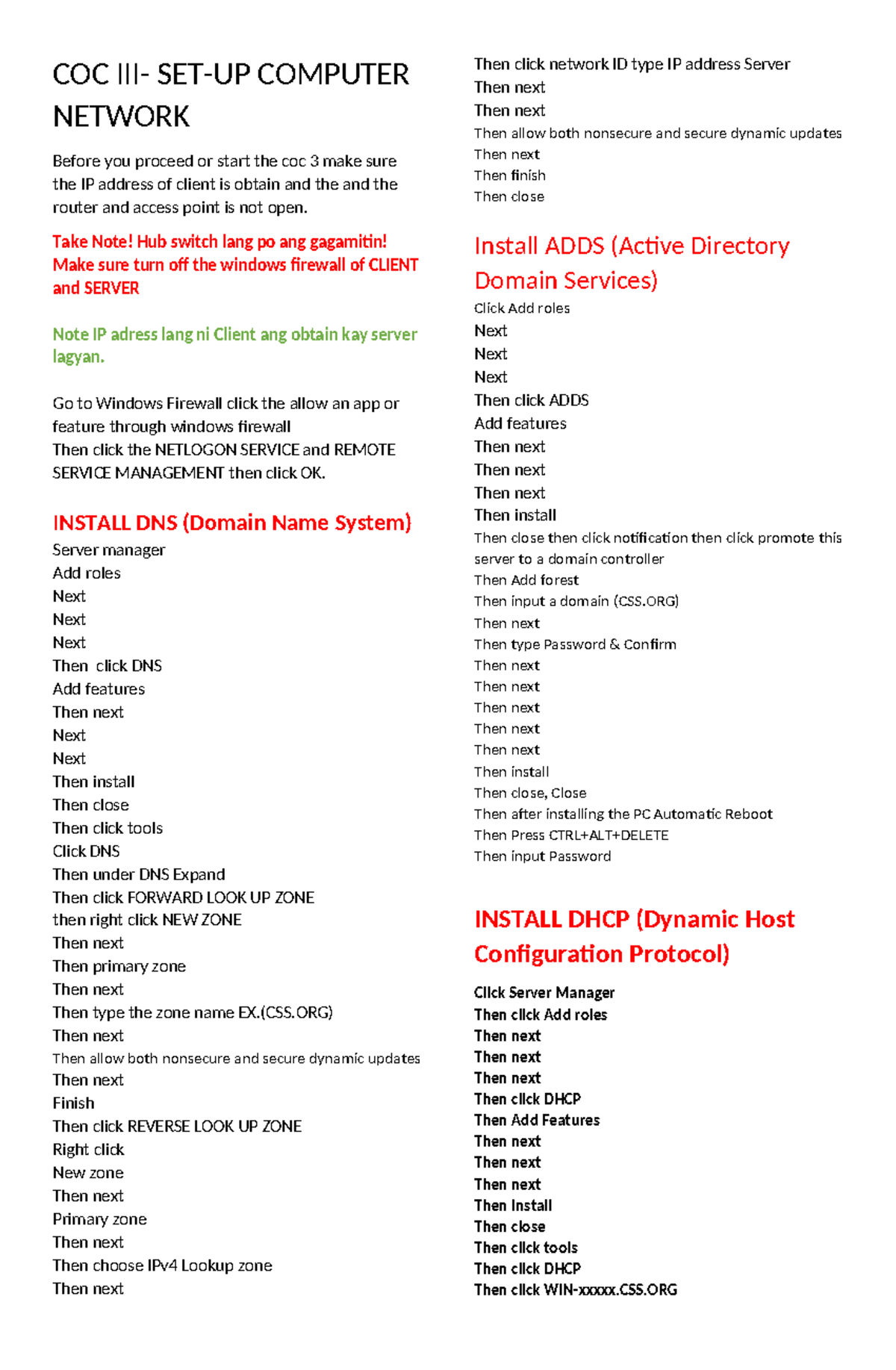 COC-III - Computer System - COC III- SET-UP COMPUTER NETWORK Before you proceed or start the coc ...