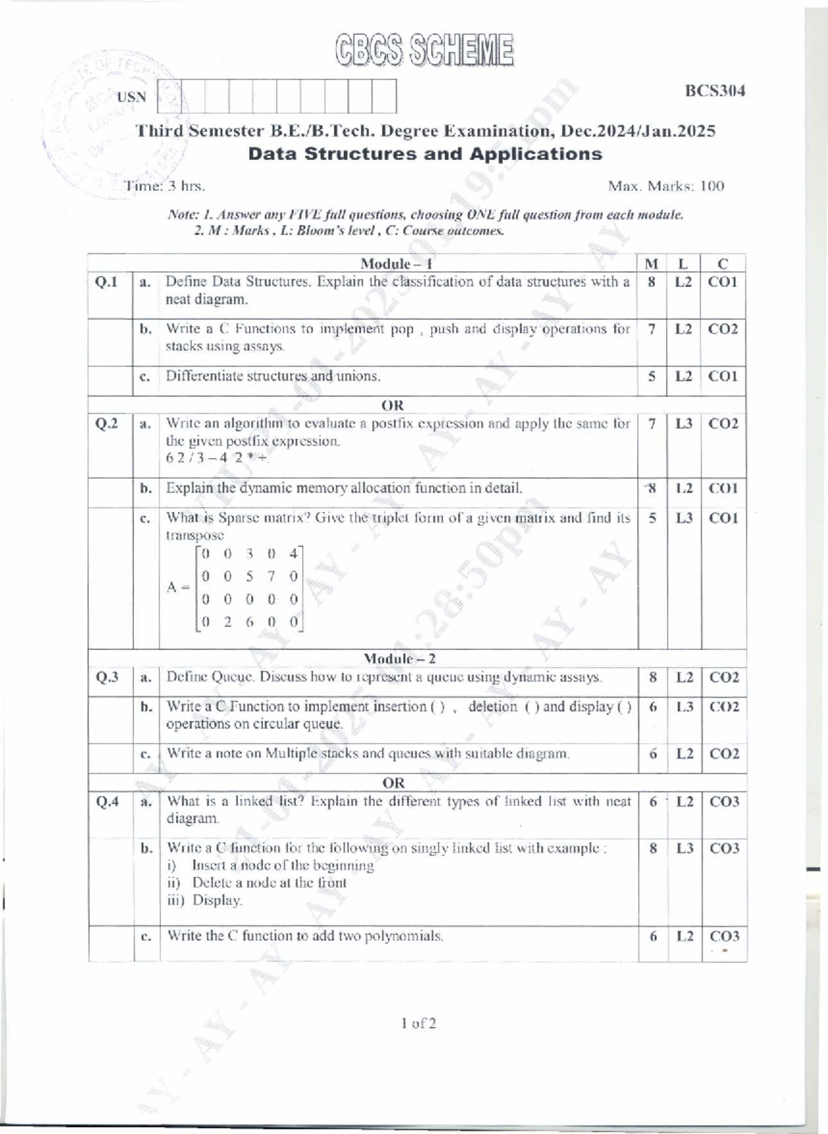 BCS304 Final Exam Question Paper: Data Structures & Applications - Studocu