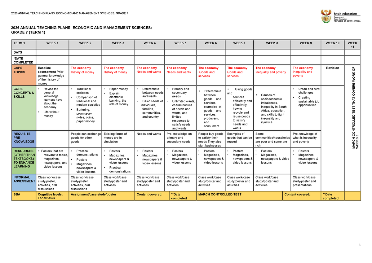 2026 ATP: Gr 7 EMS Term 1 Teaching Plans & Controlled Test - Studocu