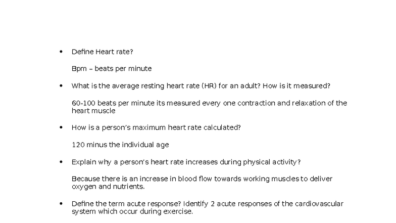 Phys Ed - Heart Rate and Exercise Responses Overview - Studocu