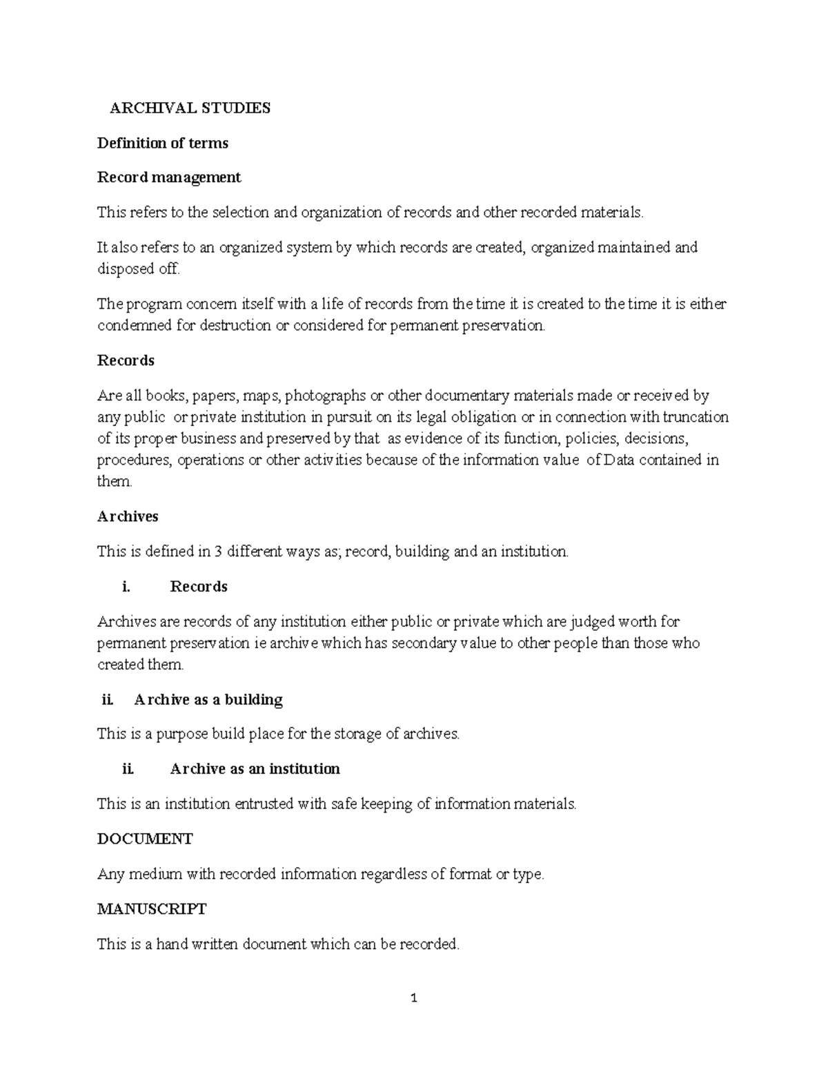 ARCH 101: Archive Operations - Key Terms and Management Notes - Studocu