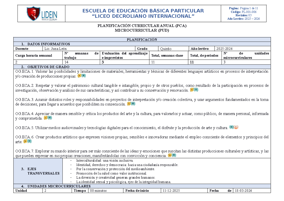 Planificación Curricular Anual (PCA) 2025-2026 - Grado Quinto - Studocu