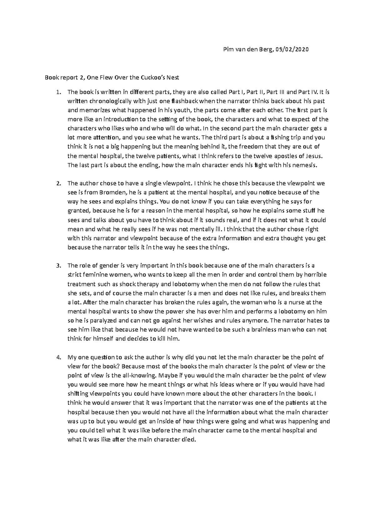 Book Report #2: Analysis of One Flew Over the Cuckoo's Nest - Studeersnel