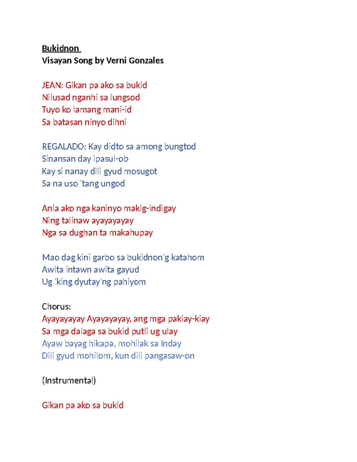 Bukidnon Song for Balitaw: Verni Gonzales Analysis - Studocu