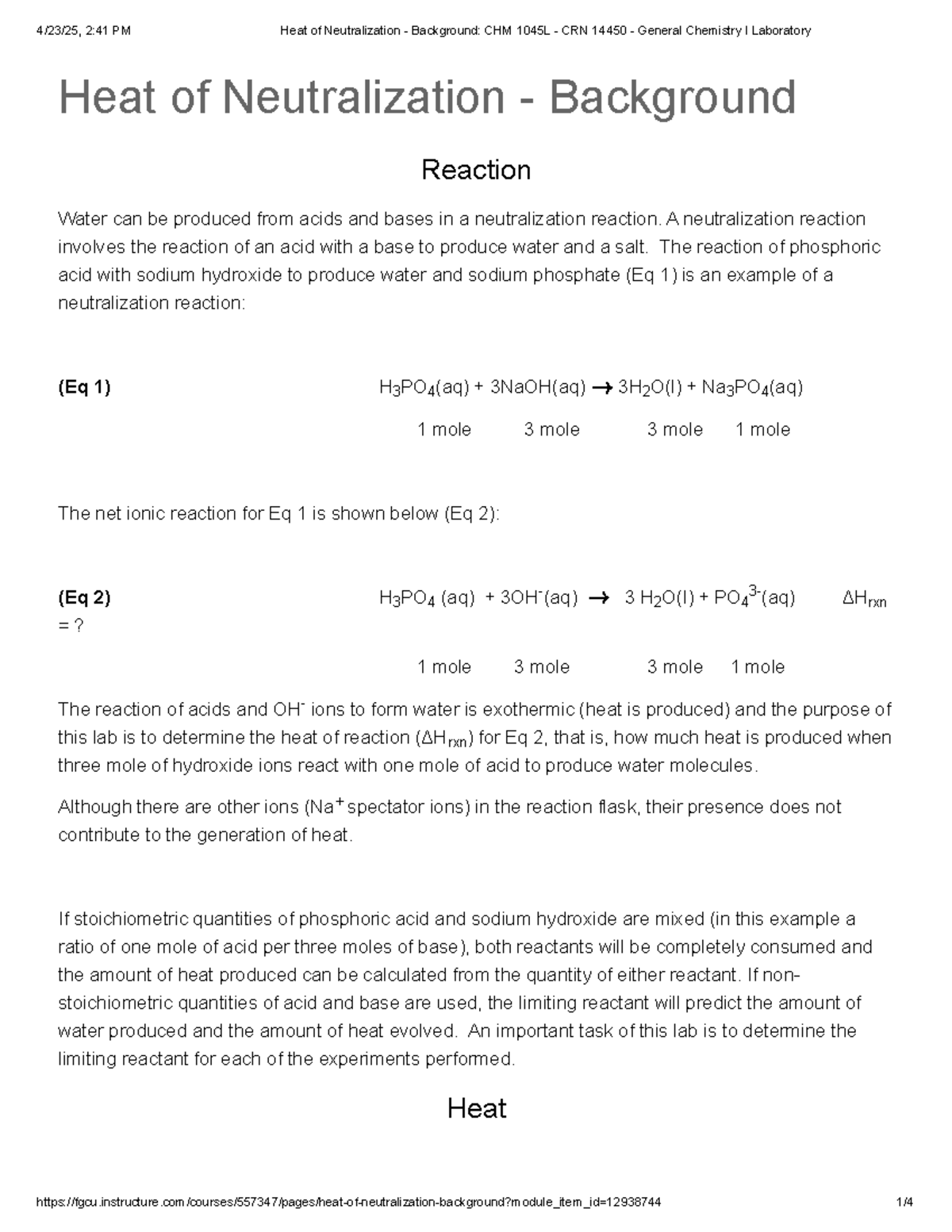 Heat of Neutralization Experiment: CHM 1045L - General Chemistry I Lab ...