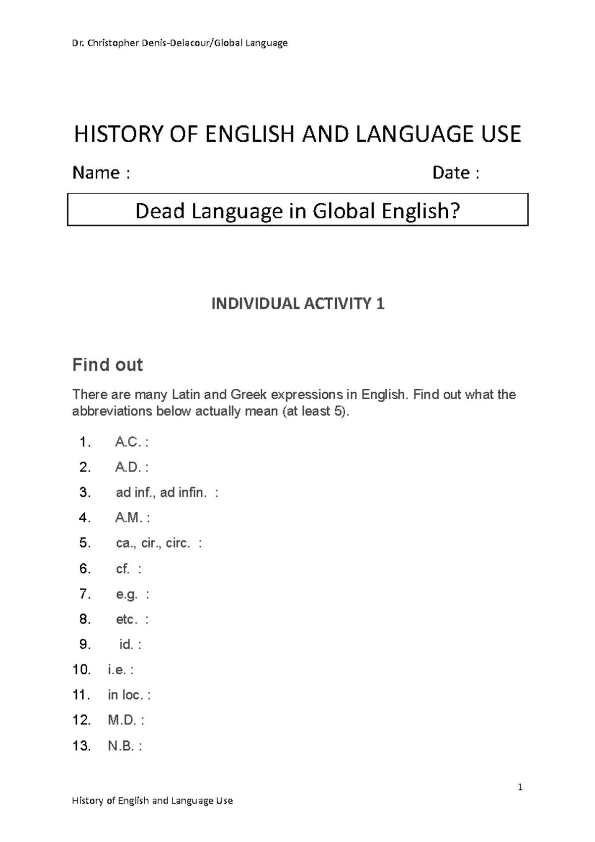 Eng 2000: Worksheet on History of English & Language Use Activities ...