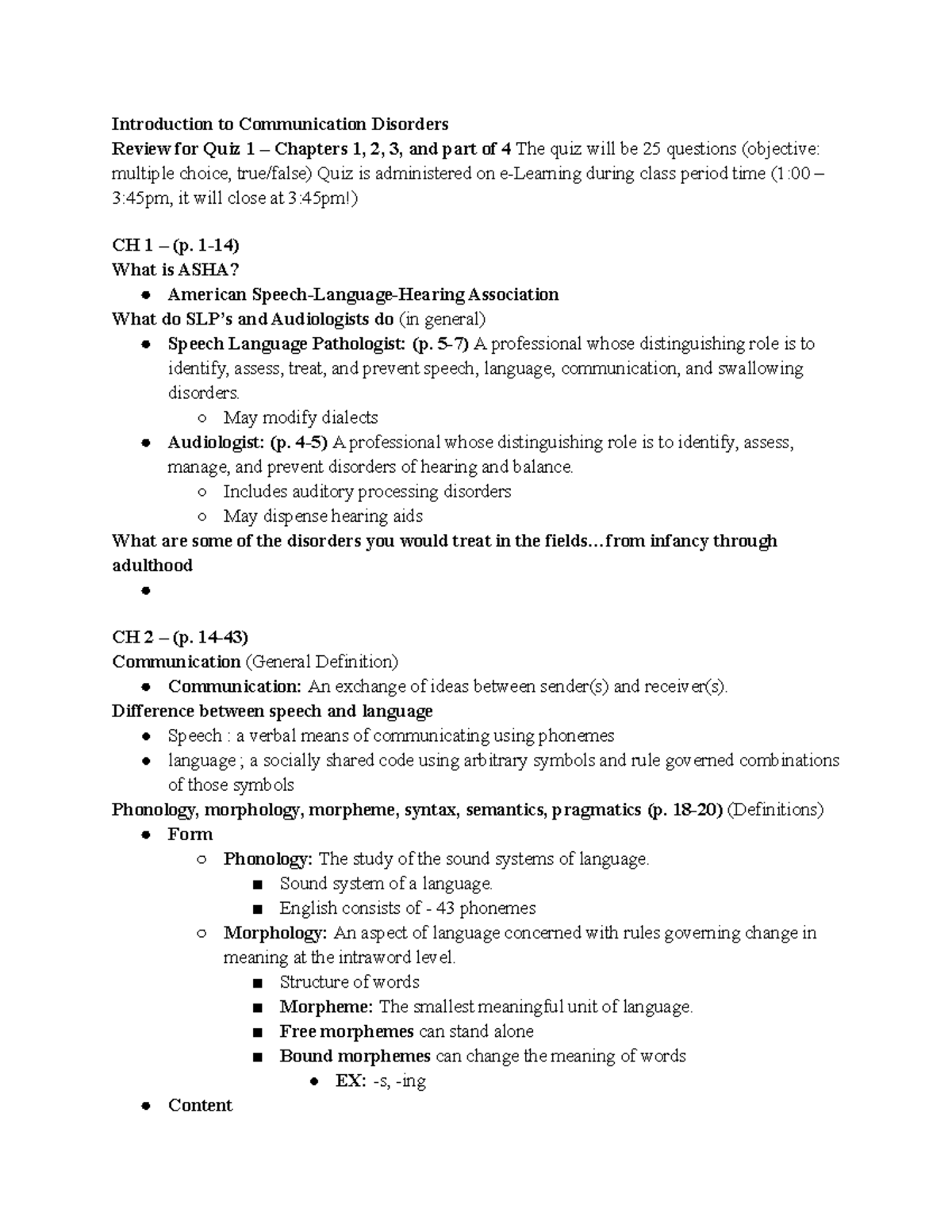 Comm Disorders Quiz 1 Review: Key Concepts from Chapters 1-4 - Studocu