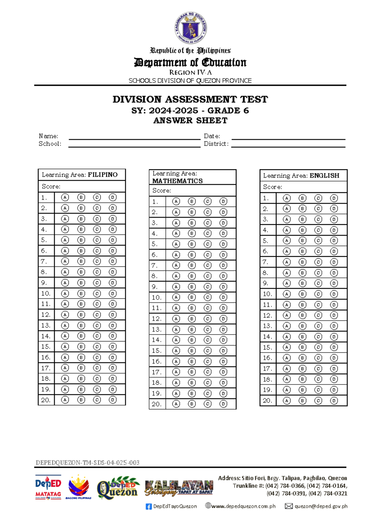 DAT Answer Sheet SY2425 grade 6 v3 - Republic of the Philippines Department of Education Region ...