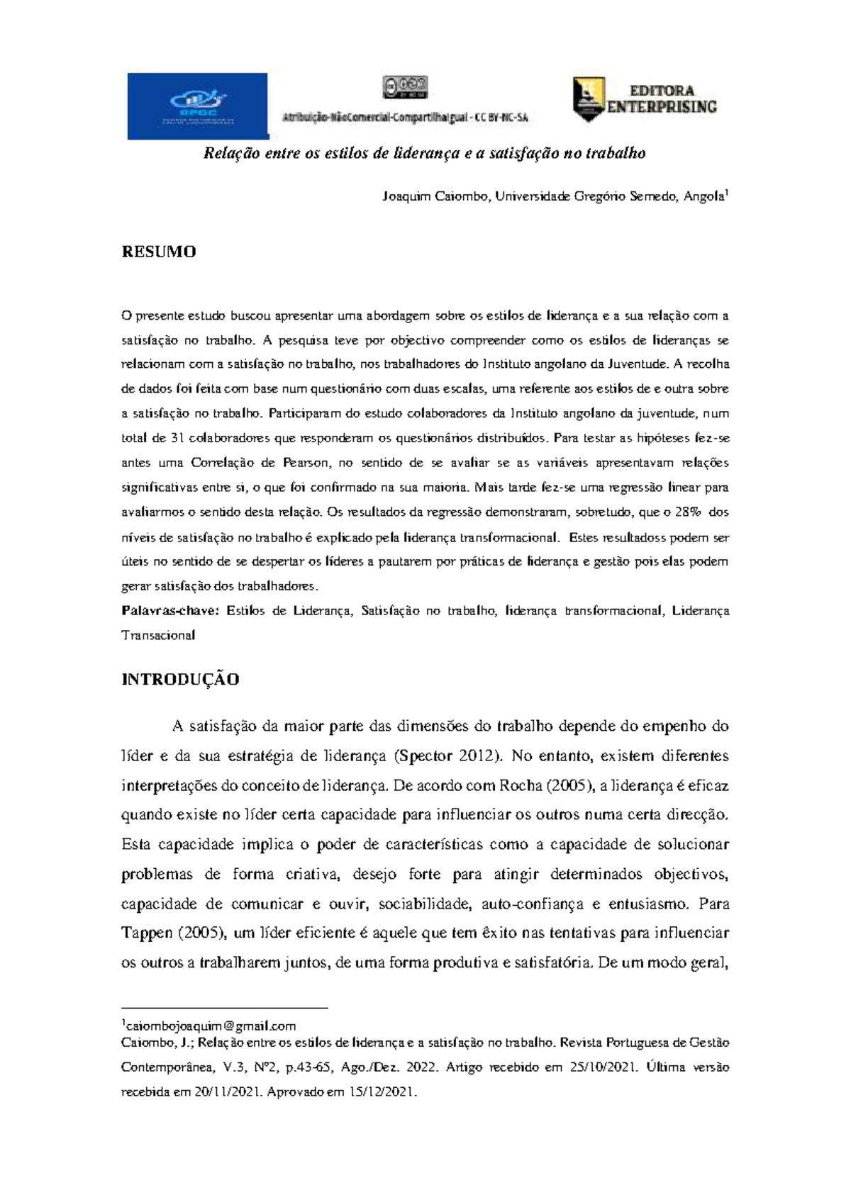 Relação entre Estilos de Liderança e Satisfação no Trabalho - RPGC V.3 ...
