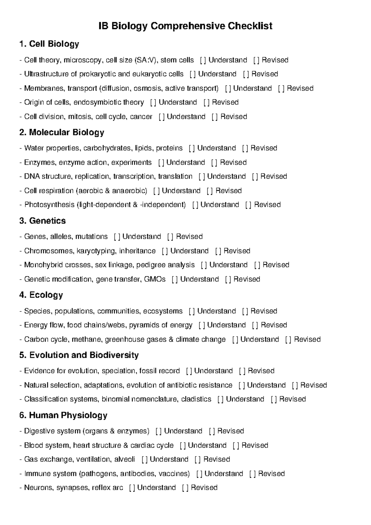 IB Biology Comprehensive Study Checklist for Exam Preparation - Studocu