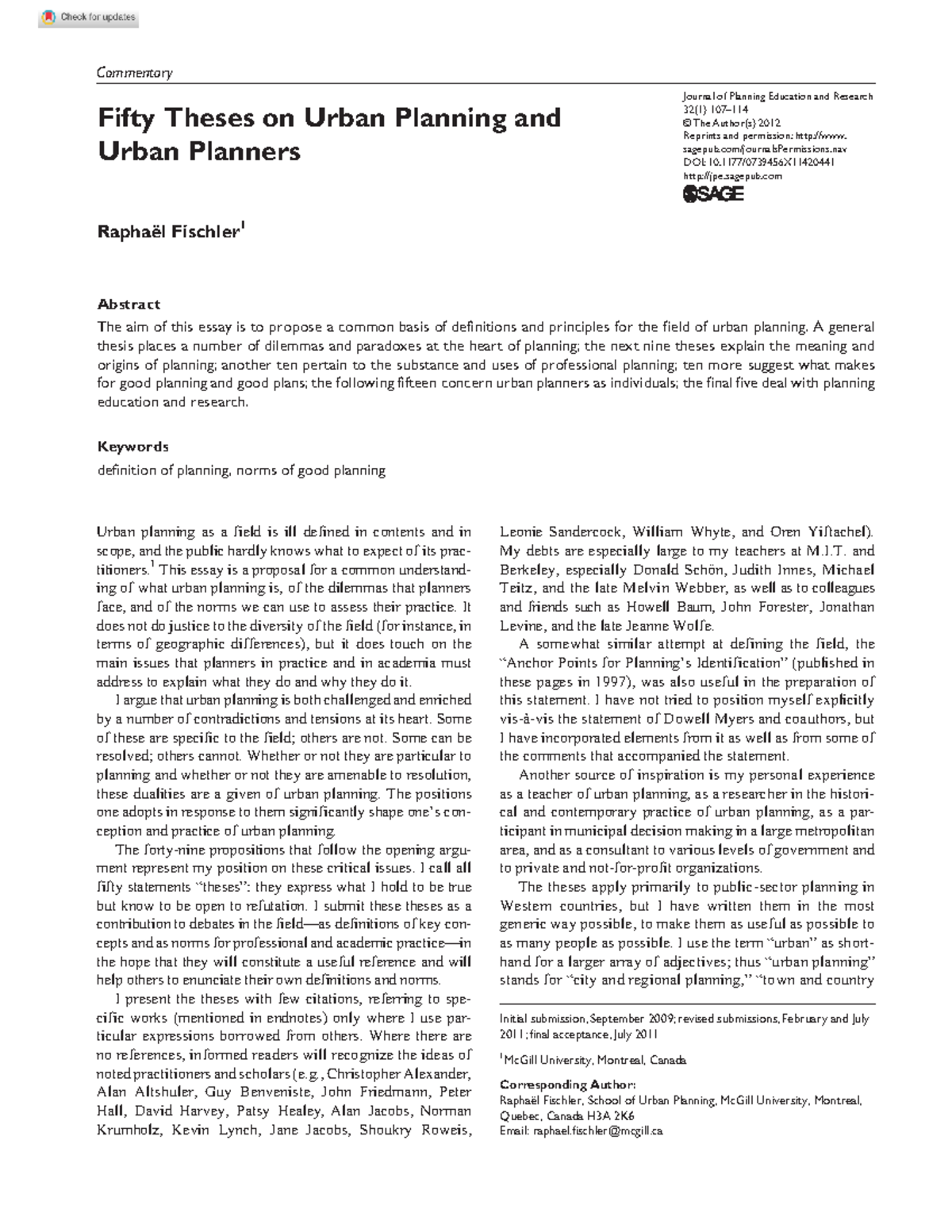 Fischler (2012 ) - Law reading for course - Journal of Planning ...