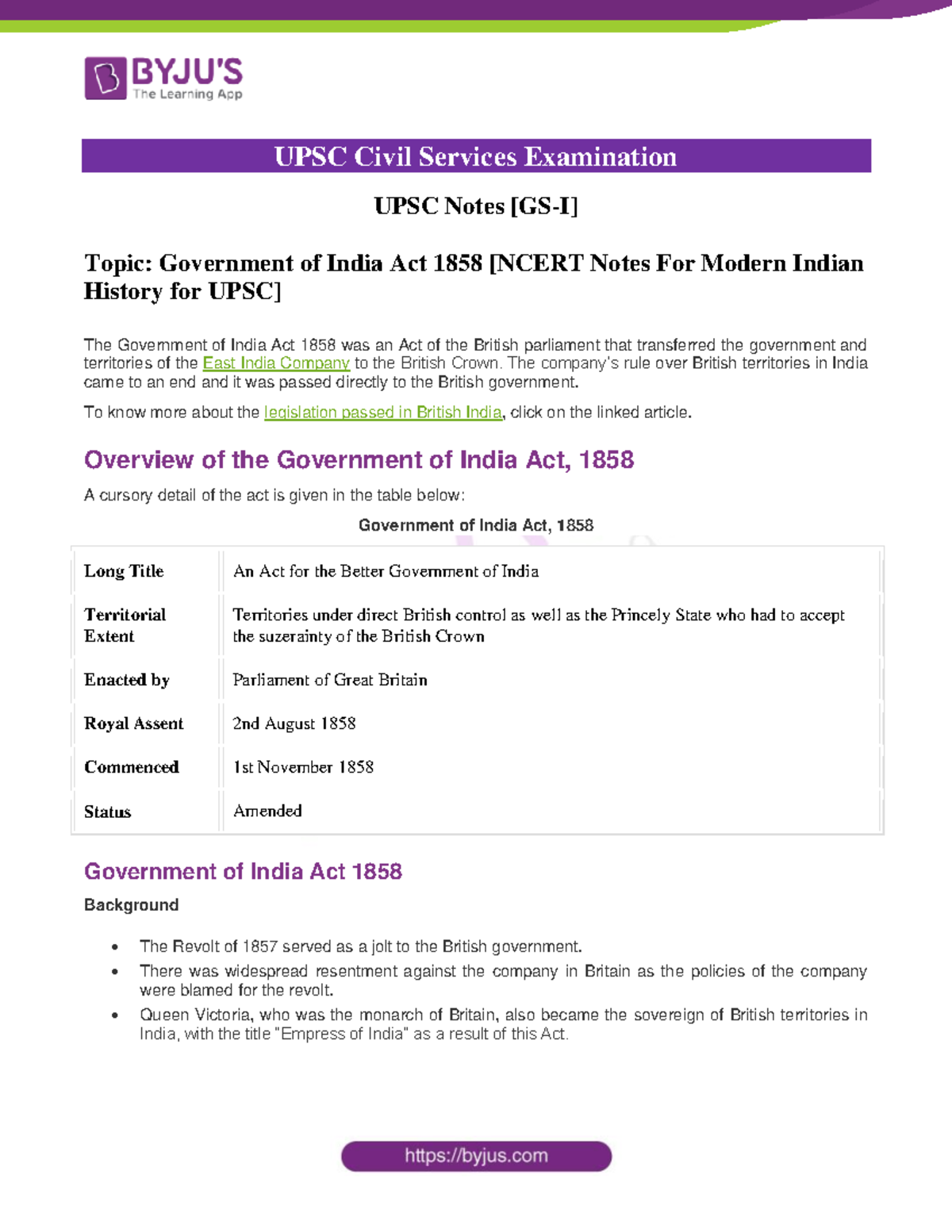 Government Of India Act 1858 Ncert Notes For Modern Indian History For ...