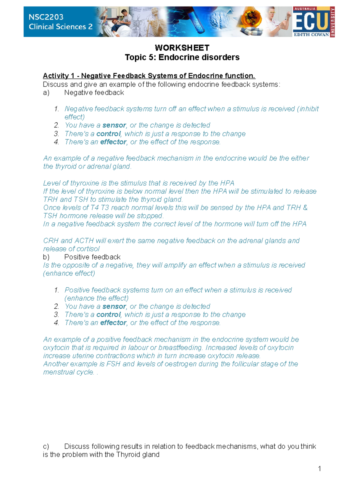 Week 7 Endocrine - WORKSHEET Topic 5: Endocrine disorders Activity 1 ...
