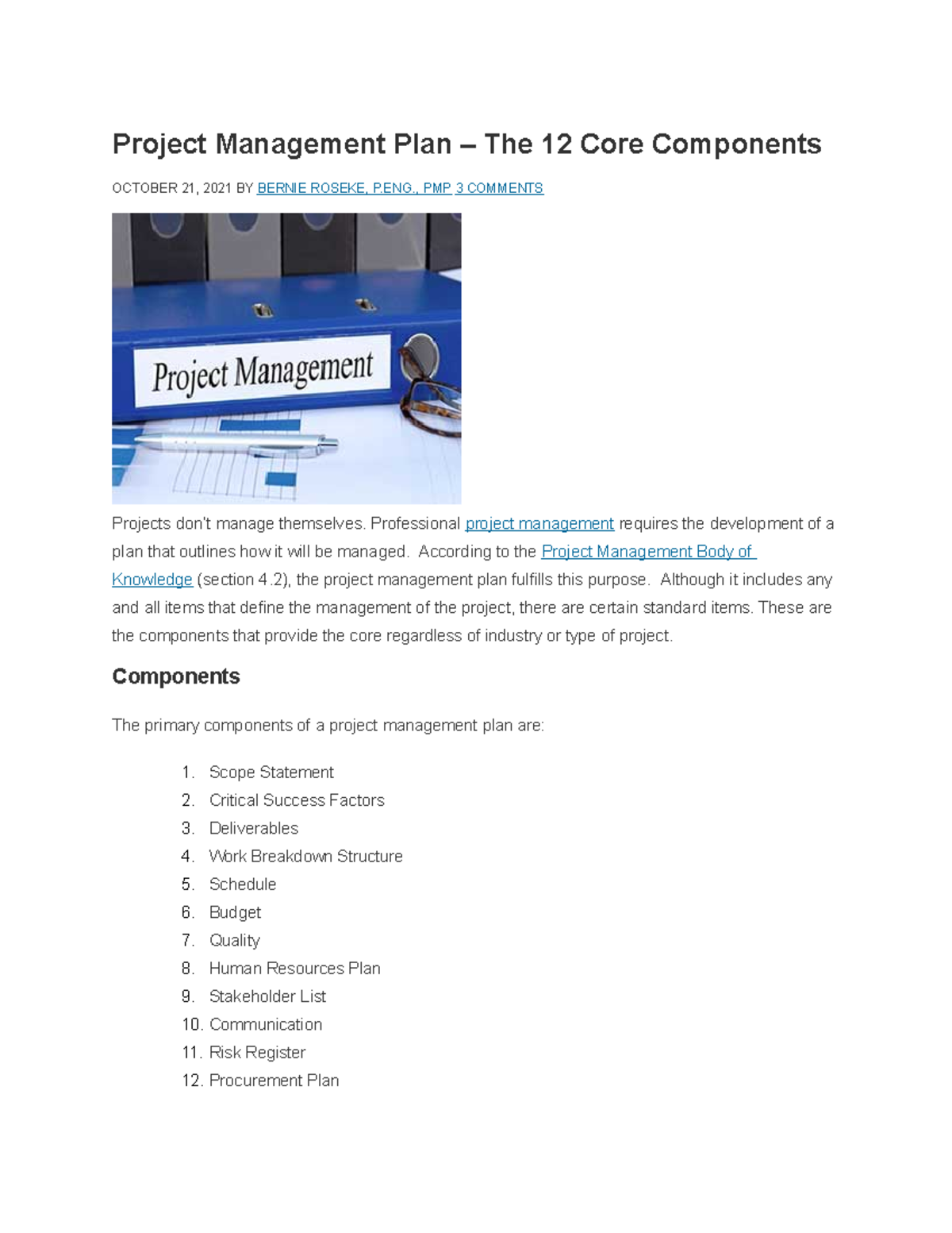 Project management planning - 12 core components - Project Management ...