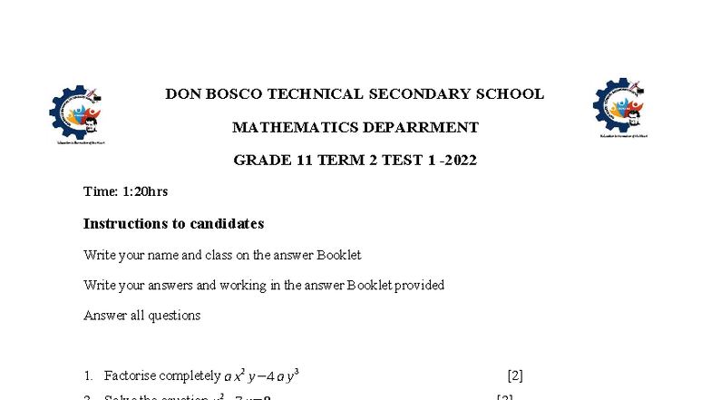 Mathematics test JOseph - DON BOSCO TECHNICAL SECONDARY SCHOOL ...