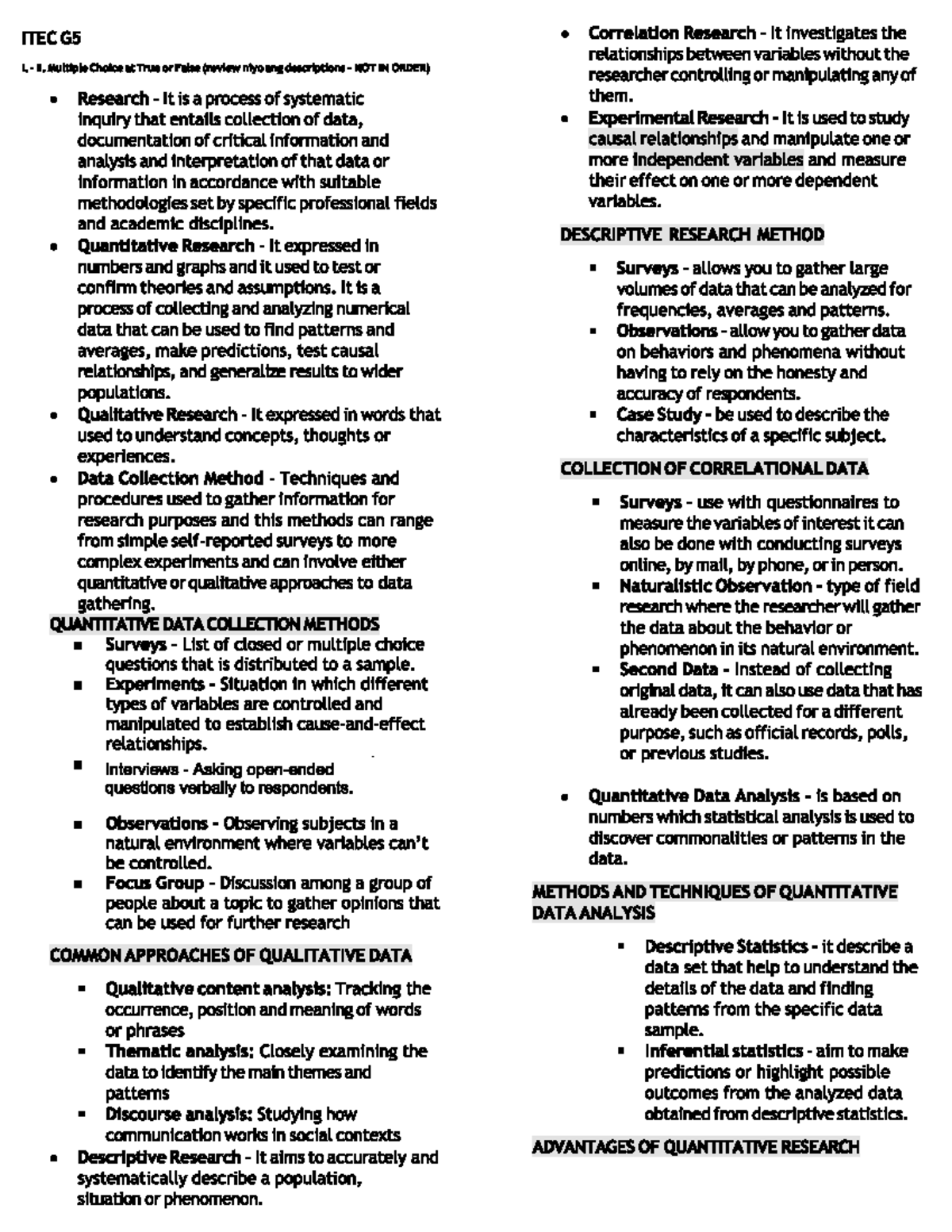 ITEC 95 Final Reviewer: Correlation Research Methods and Analysis - Studocu