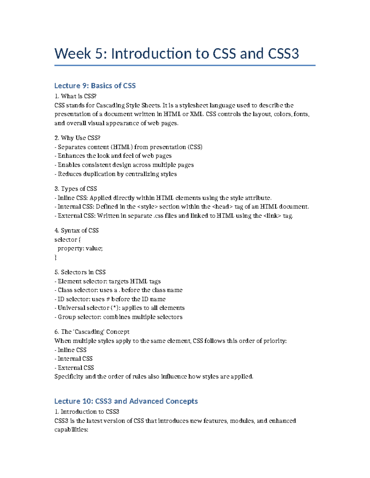 Week 5: CSS & CSS3 Lecture 9-10 Overview and Basics - Studocu