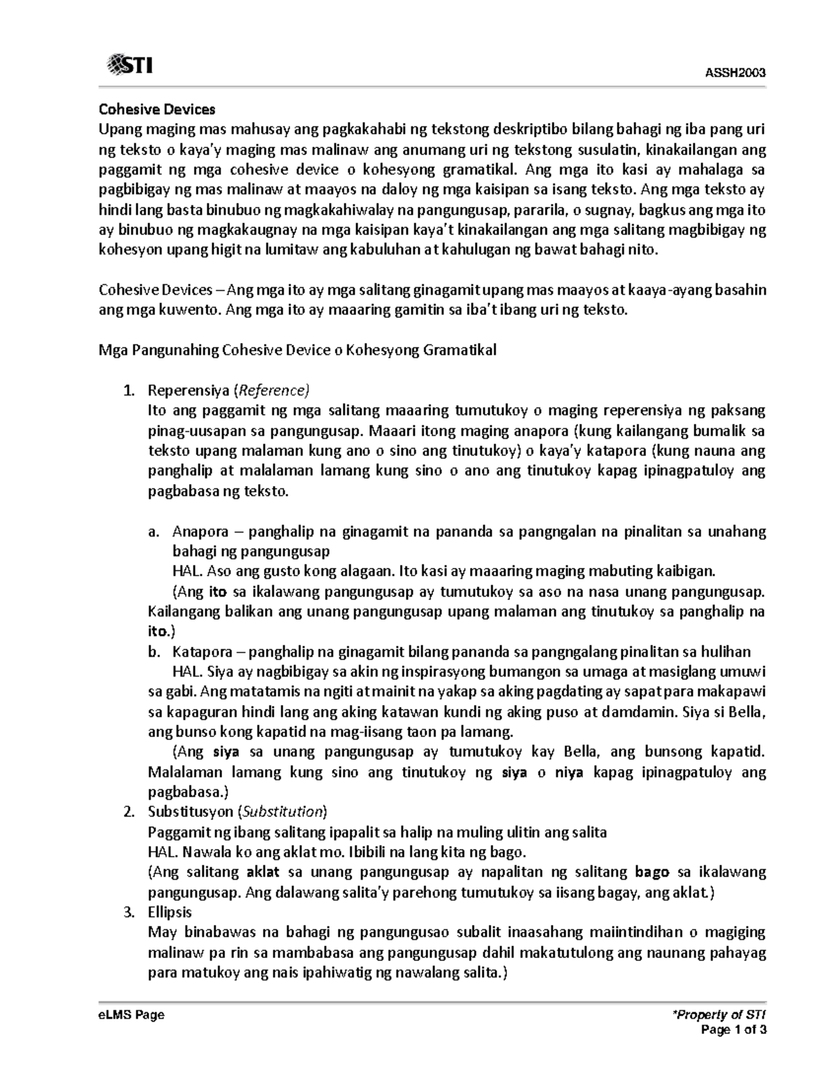 ASSH2003 Mga Kohesyong Gramatikal sa Tekstong Deskriptibo - Studocu