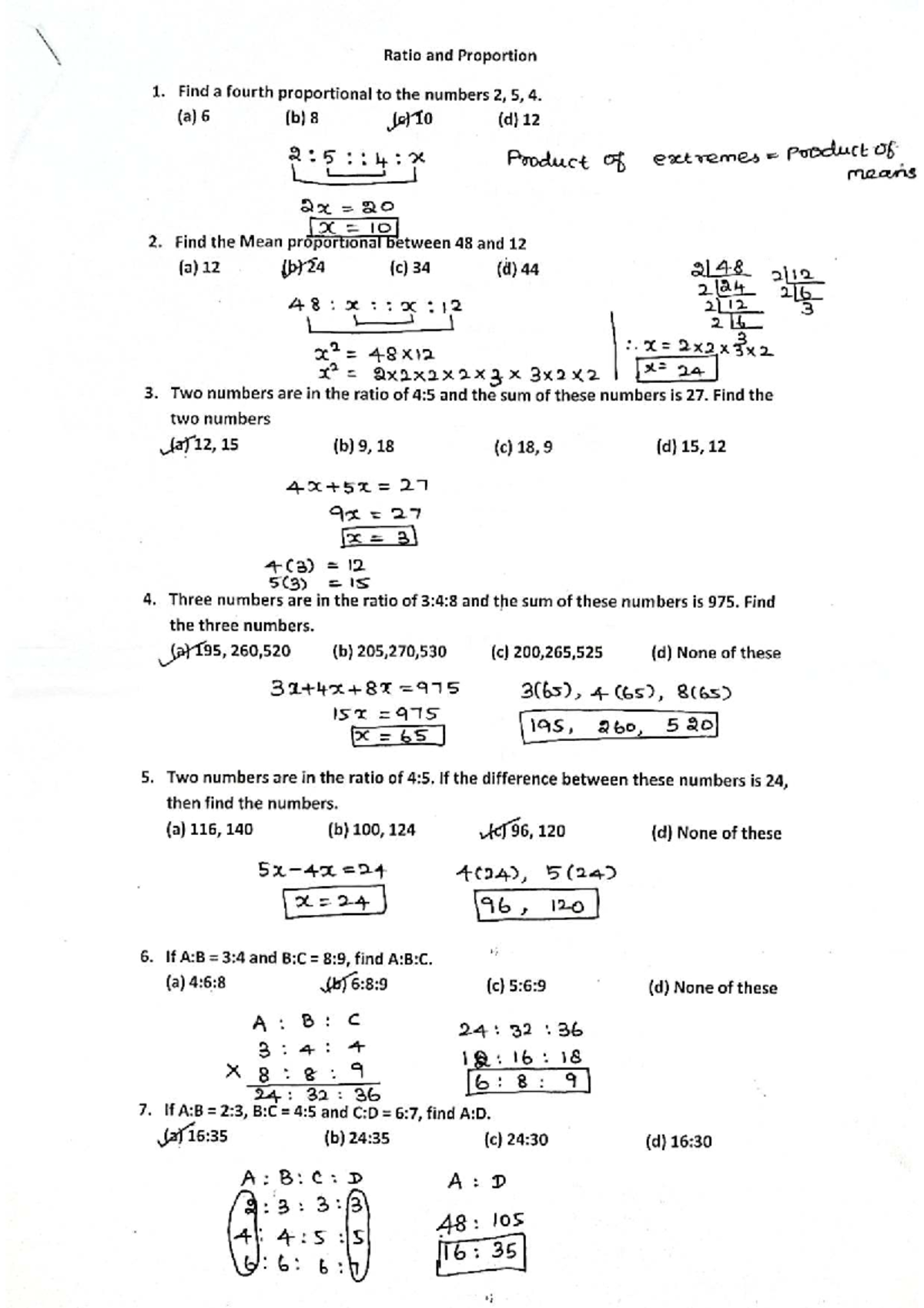1.Ratio & Proportion(Ans) - Ratio and Proportion 1. Find a fourth ...