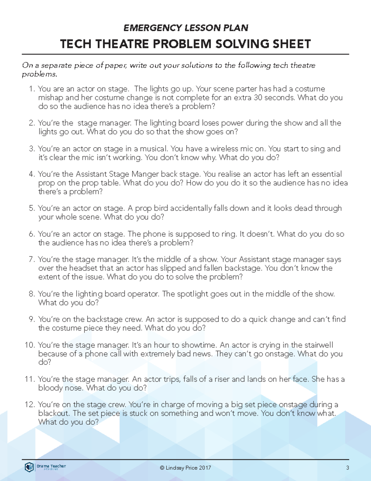 Emergency Lesson Plan: Tech Theatre Problem Solving Strategies - Studocu