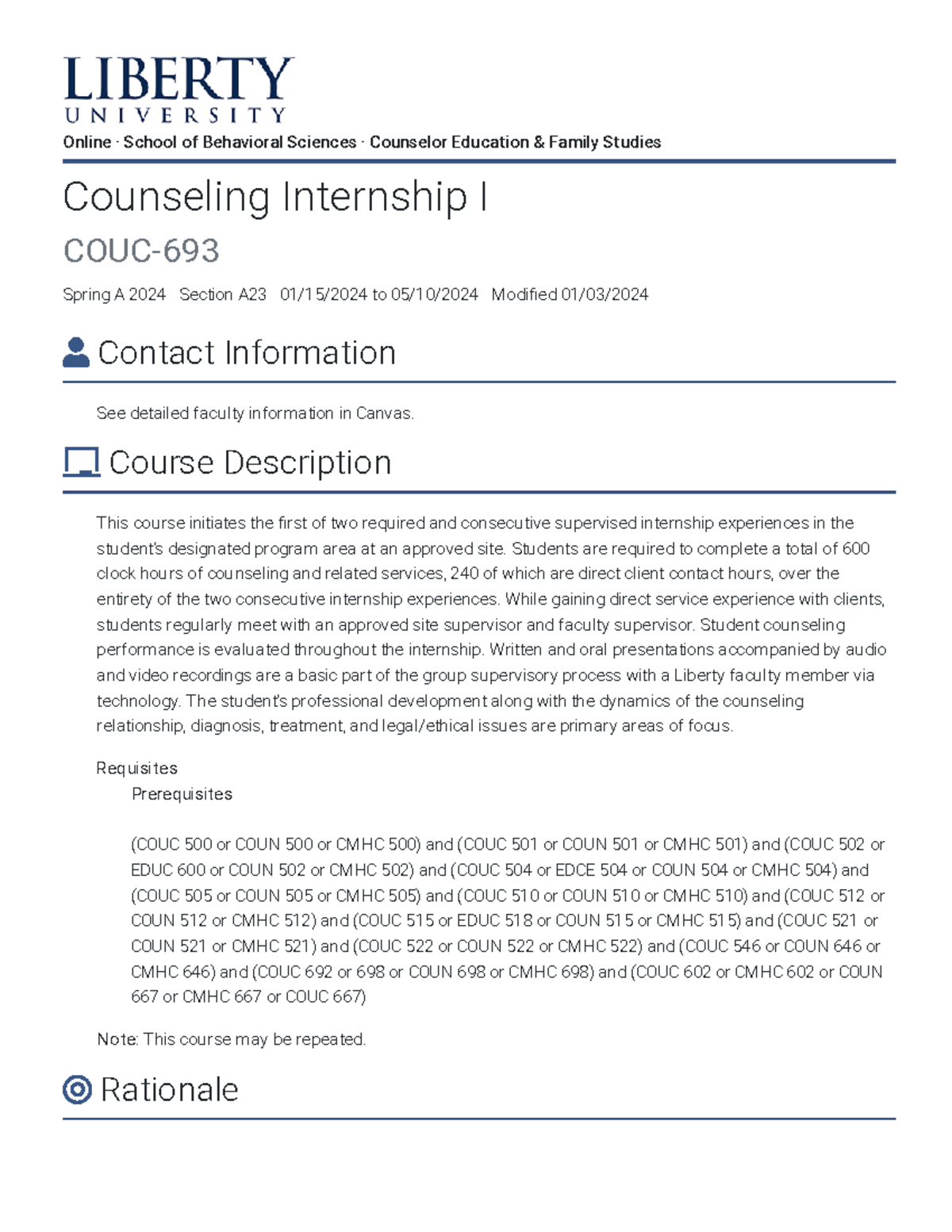 Counseling Internship I - COUC 693 - Spring A 2024 Overview and ...