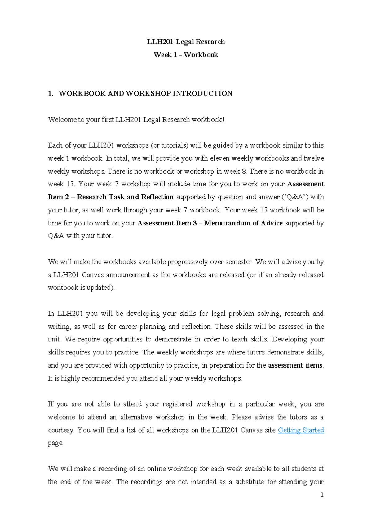 LLH201 Legal Research Week 1 Workbook: Introduction & Objectives - Studocu