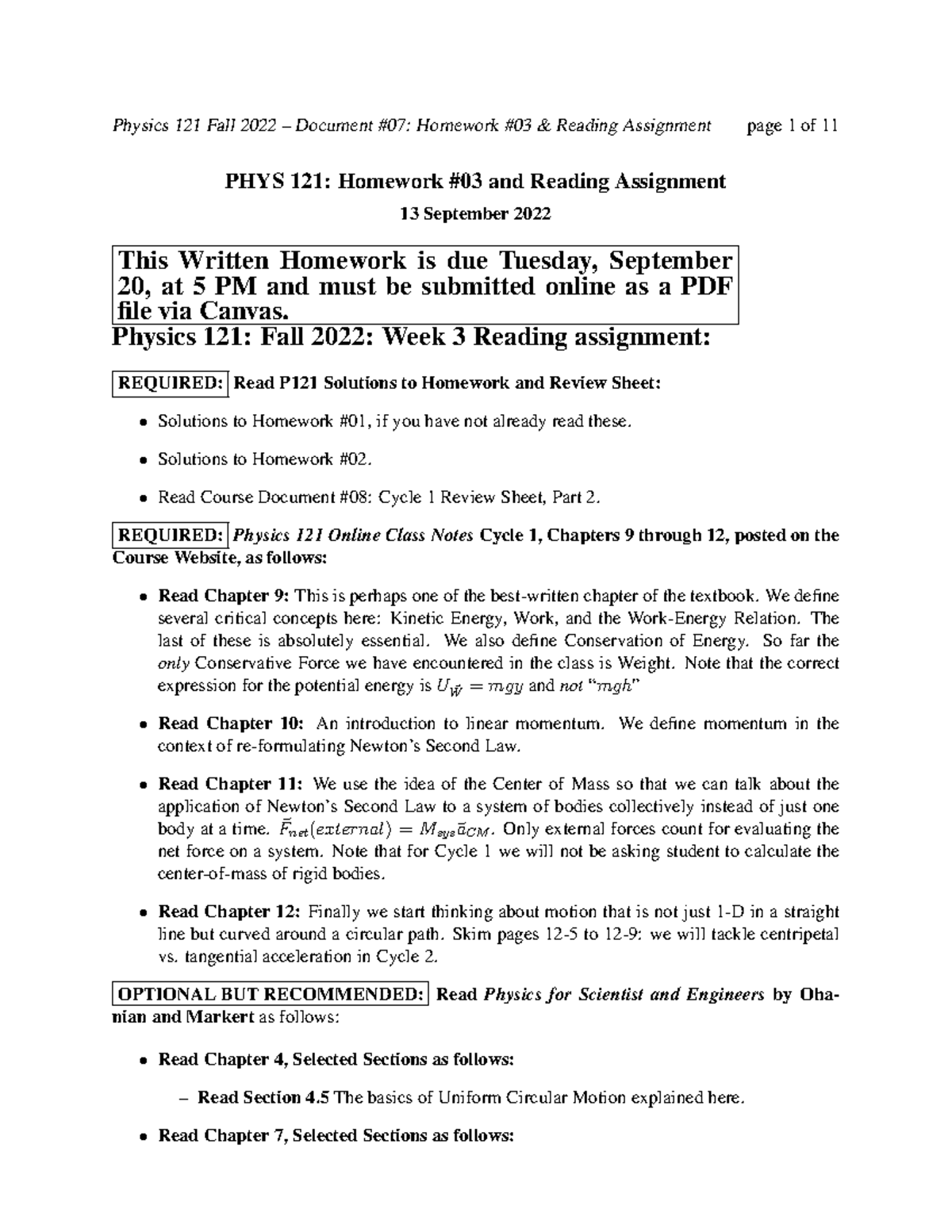 Homework 3 for Physics 121 - PHYS 121: Homework #03 and Reading ...