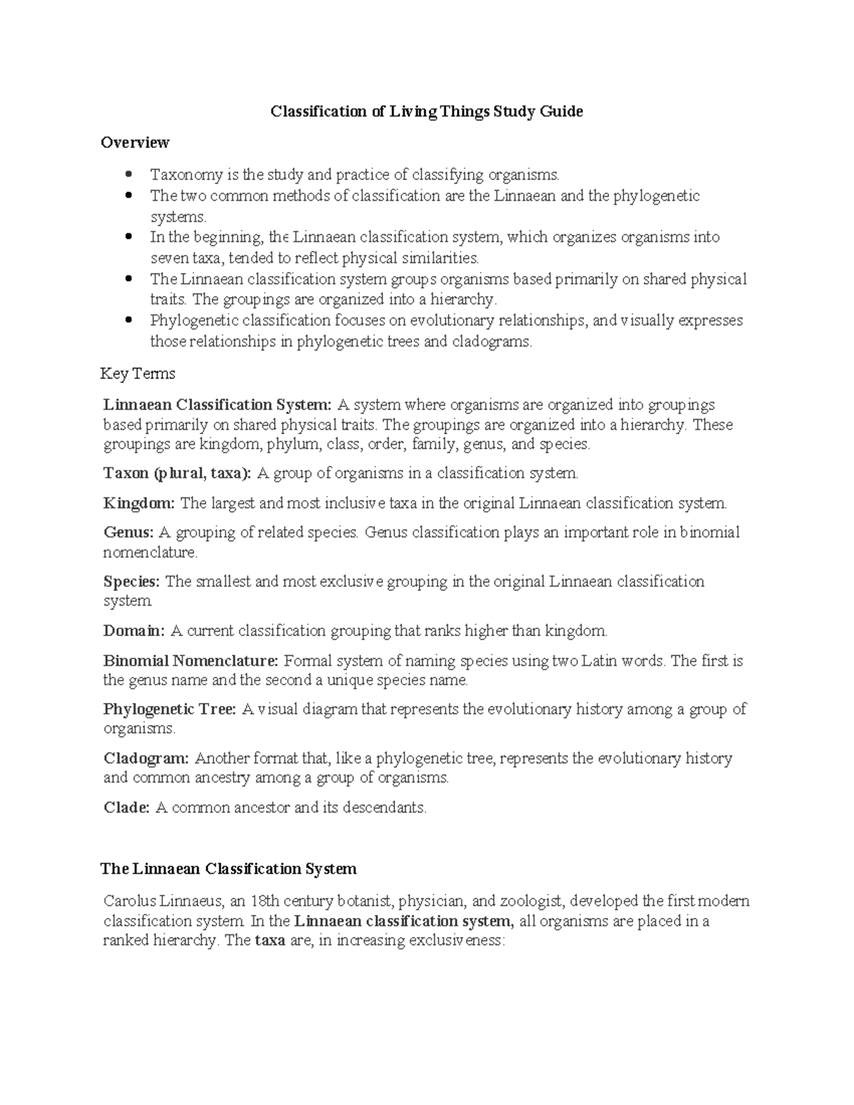 Classification of Living Things Study Guide: Taxonomy Overview - Studocu