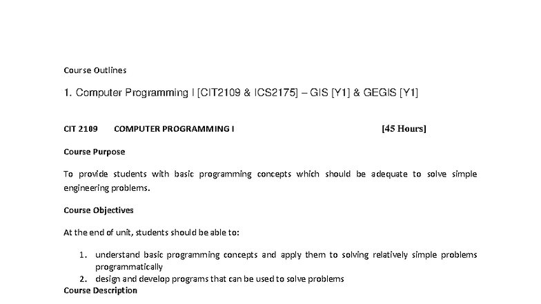 CIT 2109 & GEGIS: Computer Programming I Course Outline & Notes - Studocu