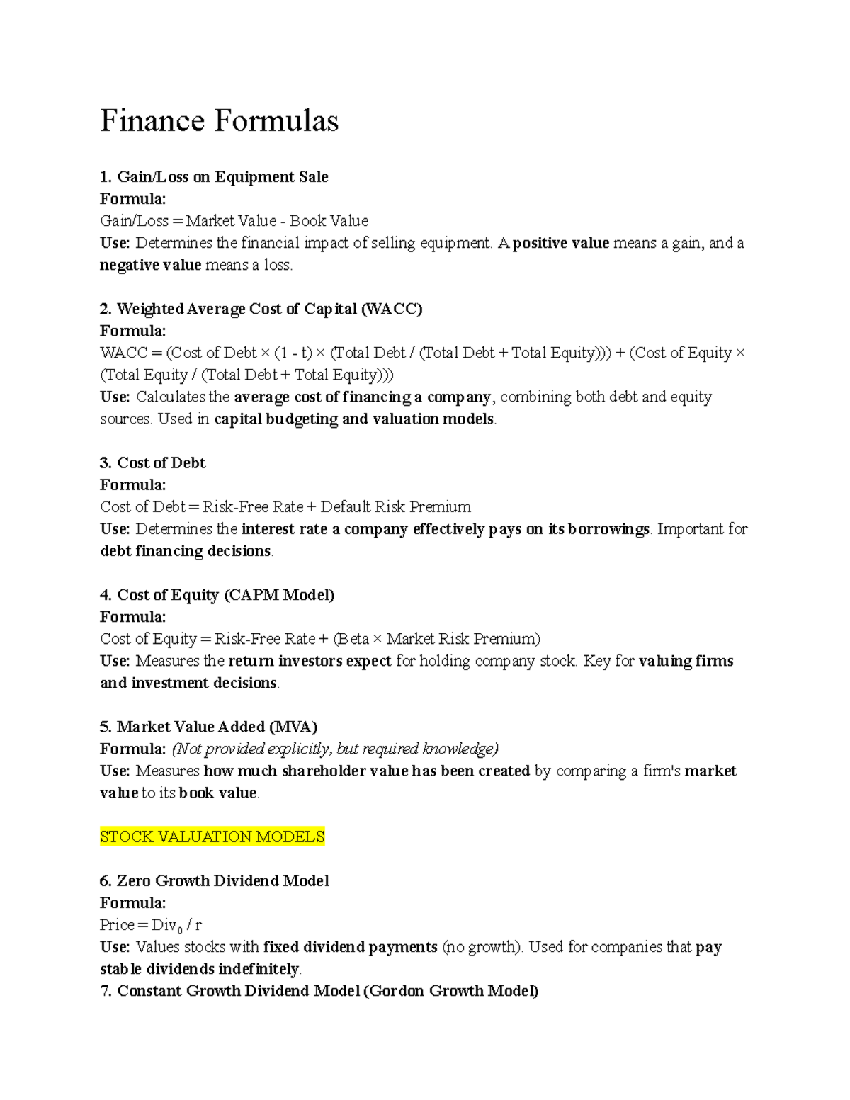 Finance Formulas Provided on the Exam - Finance Formulas Gain/Loss on ...