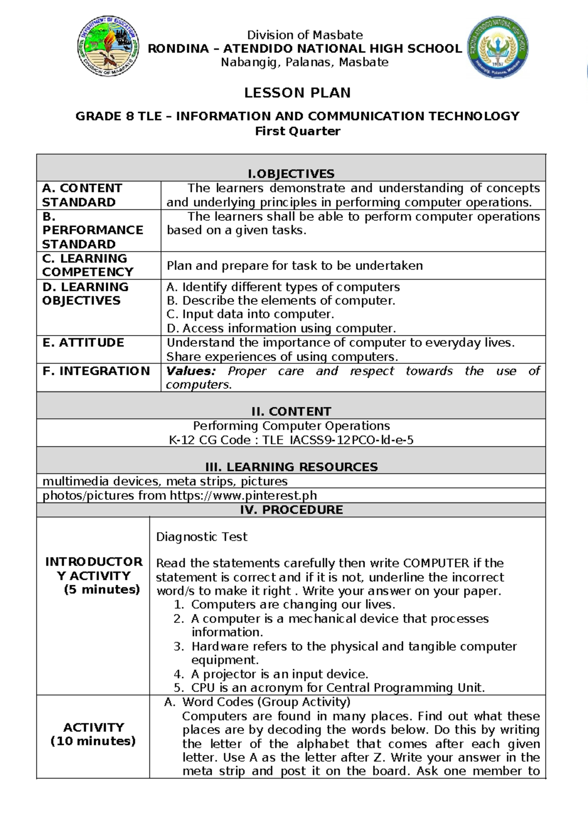 Grade 8 TLE Lesson Plan: Information & Communication Technology - Studocu