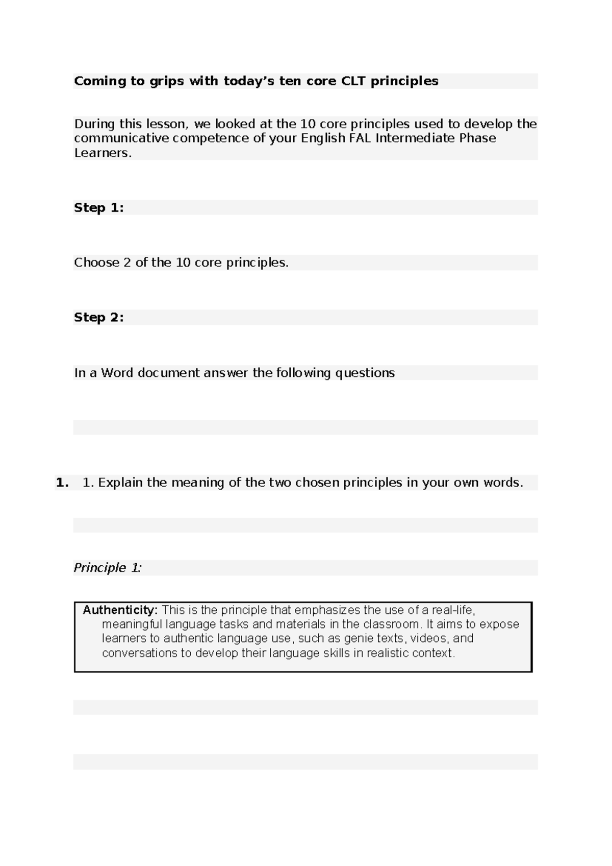 EECB 1612 Lesson: Core CLT Principles for English Teaching - Studocu