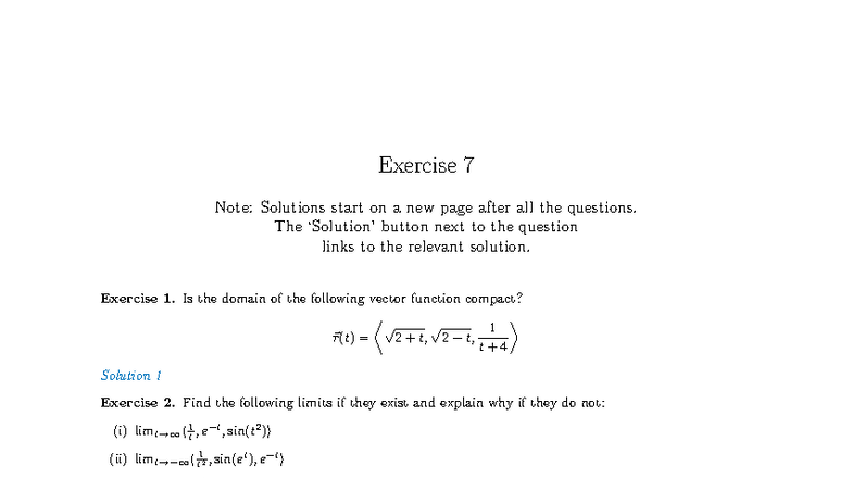 Exercise 07: Vector Functions, Limits, and Integrals Solutions - Studocu