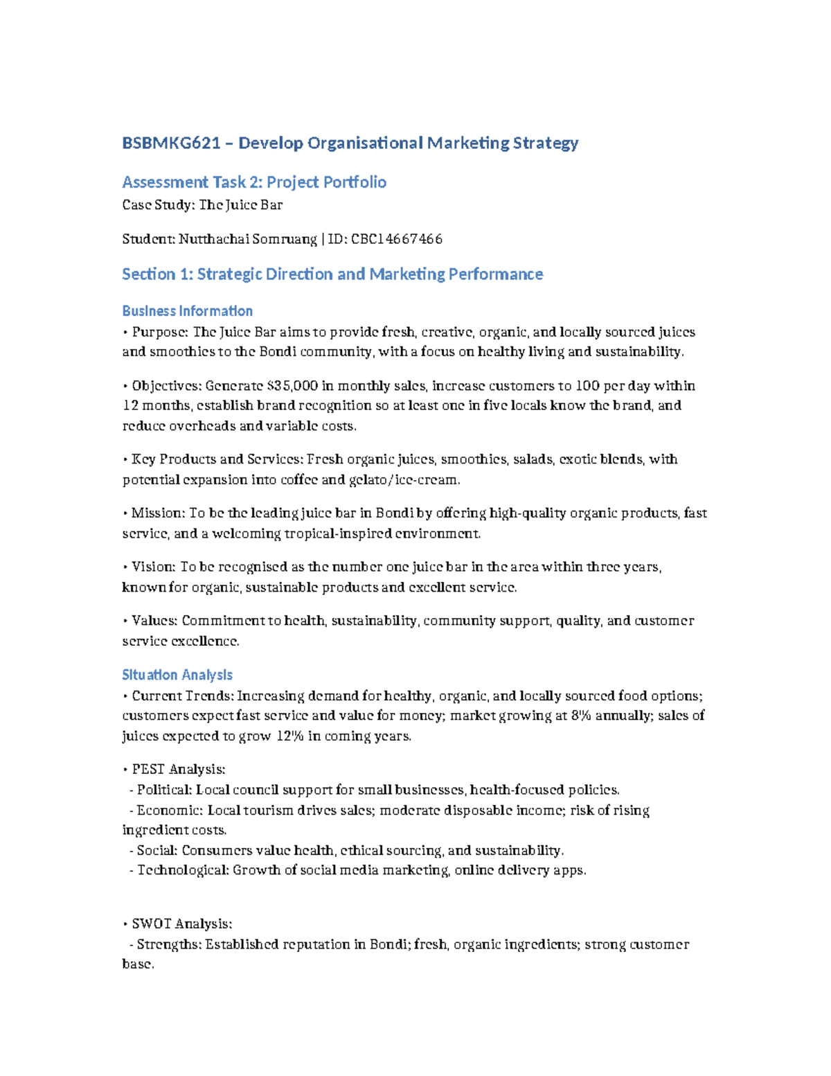 BSBMKG621 Assessment Task 2: Juice Bar Marketing Strategy Case Study ...