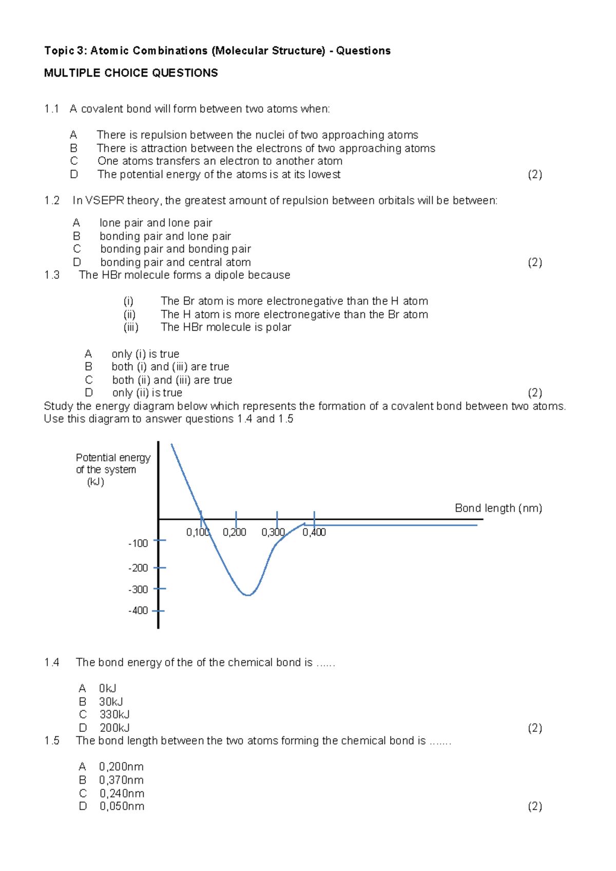 Grade 11 Topic 3: Atomic Combinations (Molecular Structure) - MCQs ...