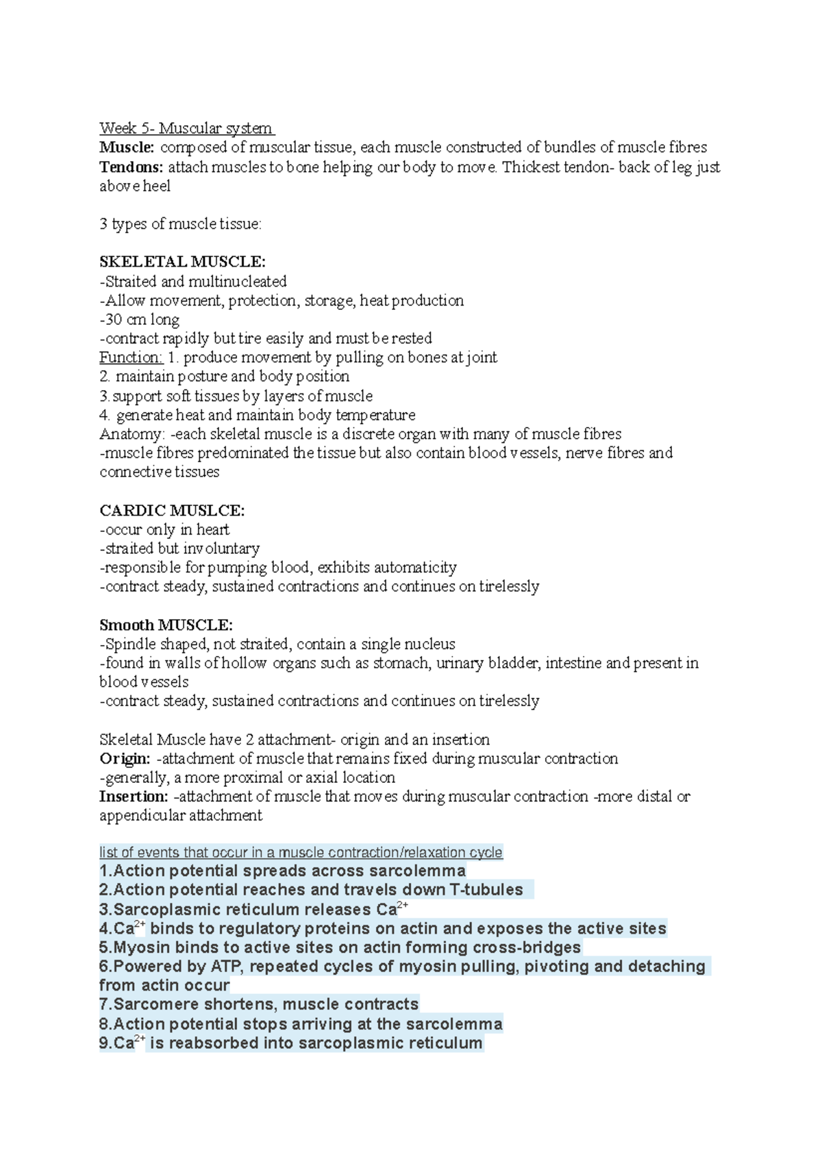 Bio121notes - Lecture notes 5 - Week 5- Muscular system Muscle ...