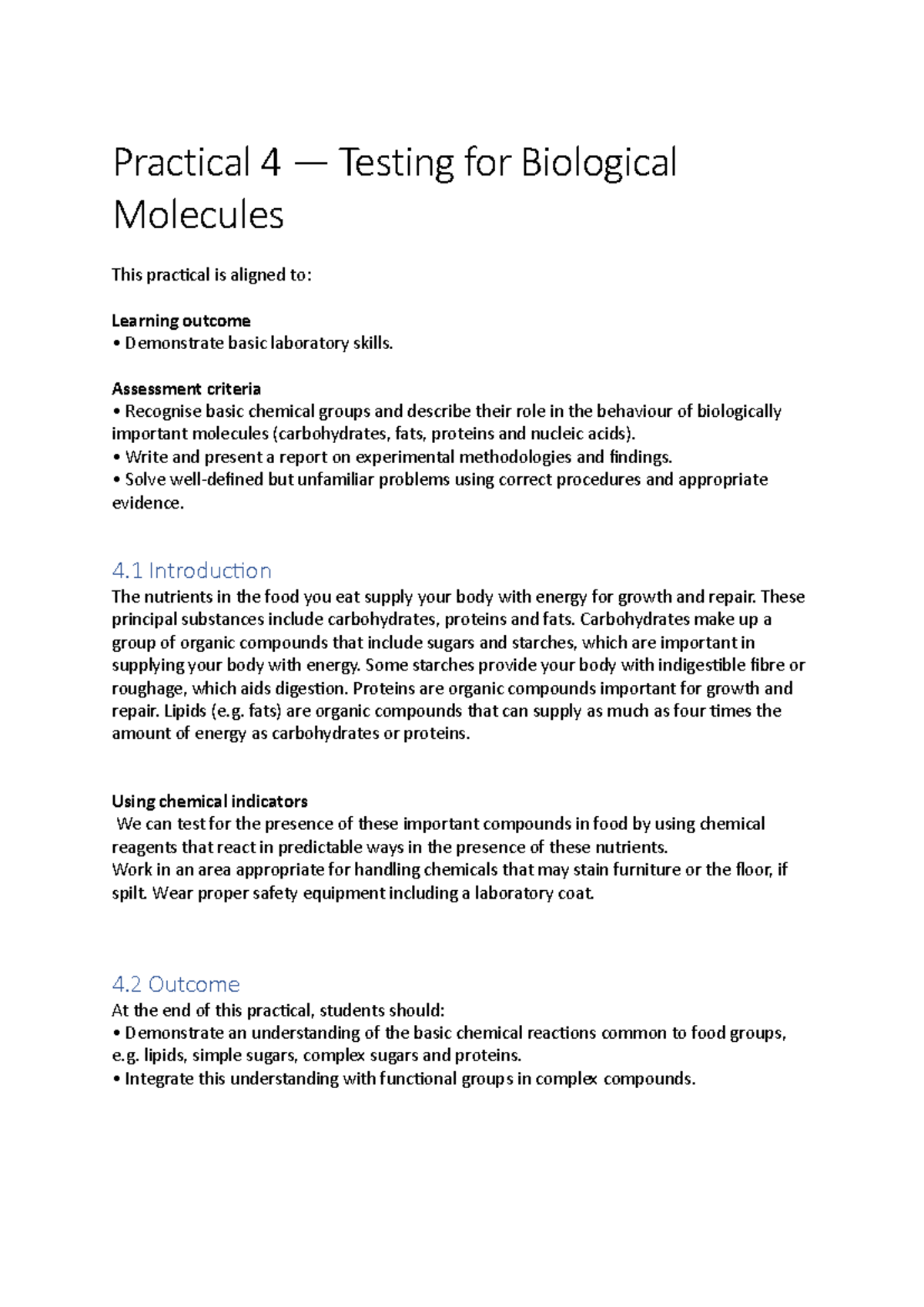 Practical 4 - Identifying Biological Molecules in Food Samples - Studocu