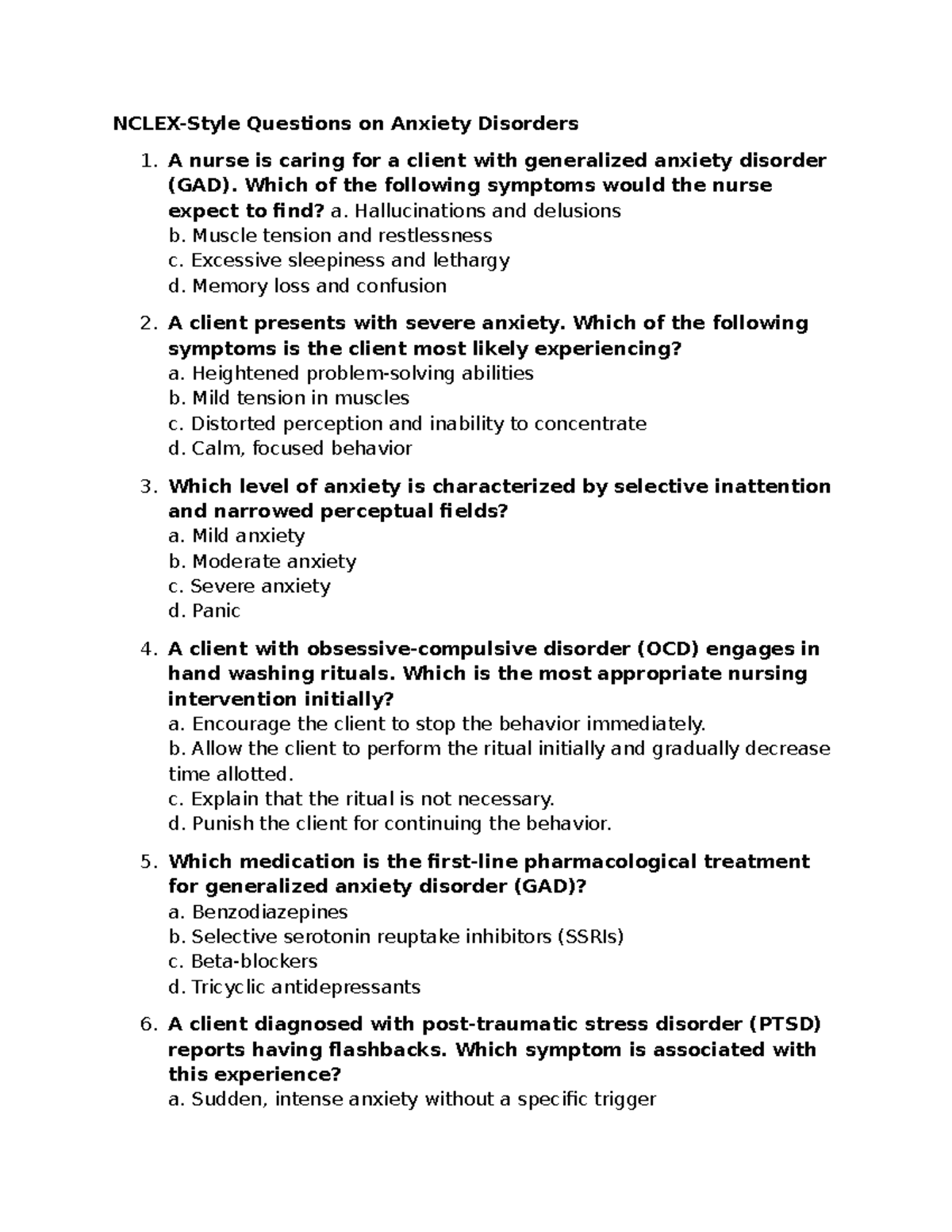 NCLEX Style Questions on Anxiety Disorders - Mental Health Module 8 ...