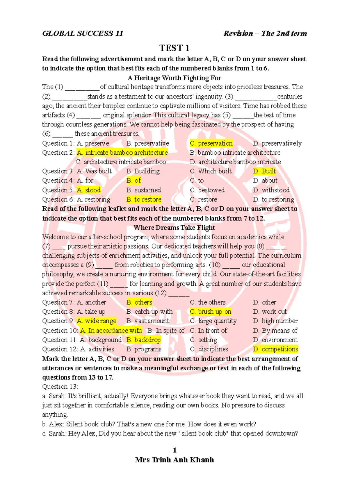 GLOBAL SUCCESS 11 Midterm Exam Revision Key (2025) - Studocu
