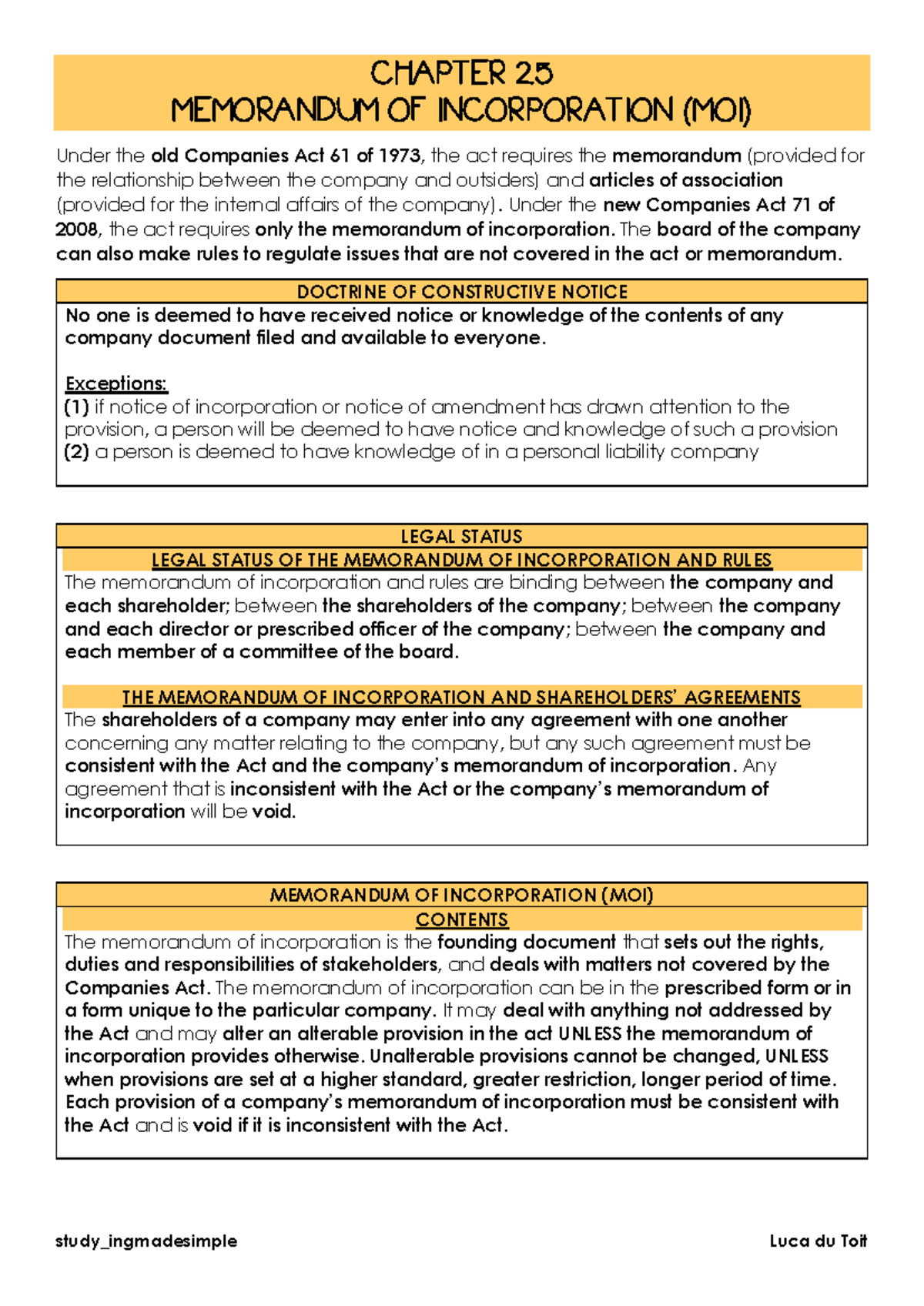 Chapter 25: Understanding the Memorandum of Incorporation (MOI) - Studocu