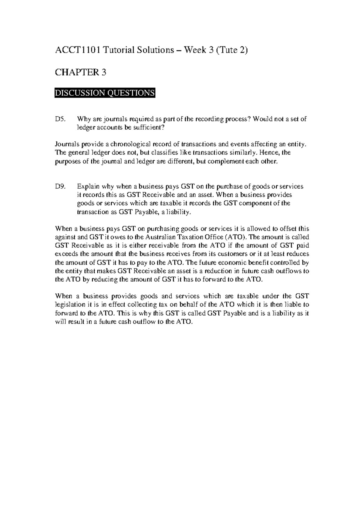 Tutorial Solution 2 - tute 1 - ACCT1101 Tutorial Solutions – Week 3 ...