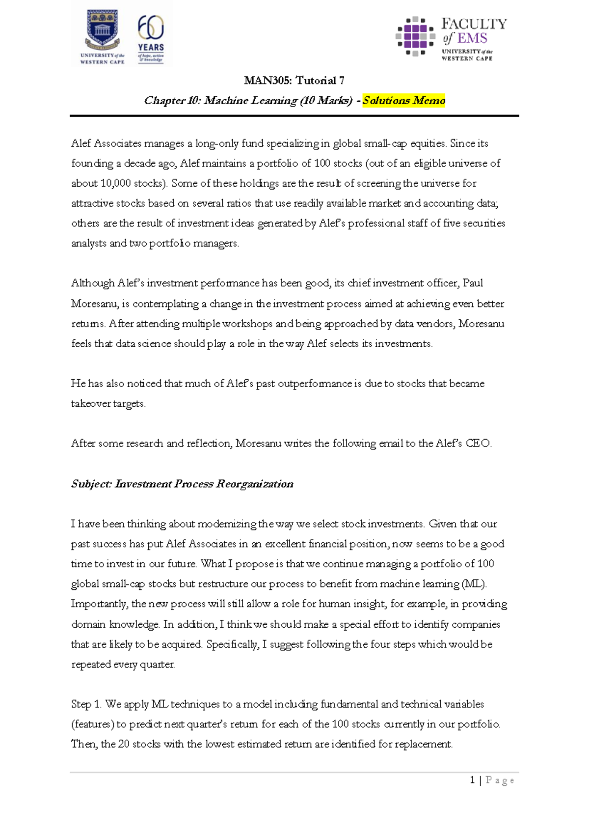MAN305: Tutorial 7 Chapter 10 Machine Learning Solutions Memo - Studocu