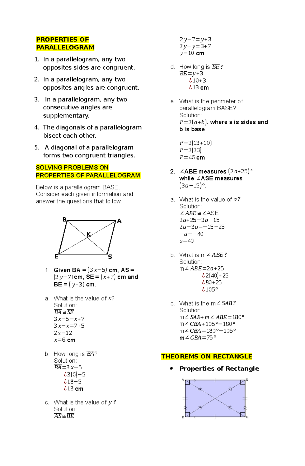 Properties OF Parallelogram Handouts - PROPERTIES OF PARALLELOGRAM In a ...