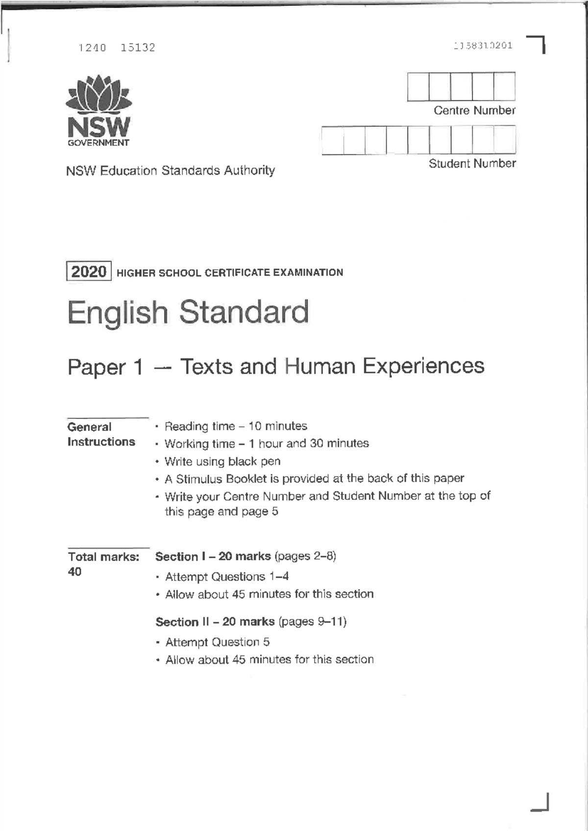 2020 HSC English Standard Exam: Texts & Human Experiences - Studocu